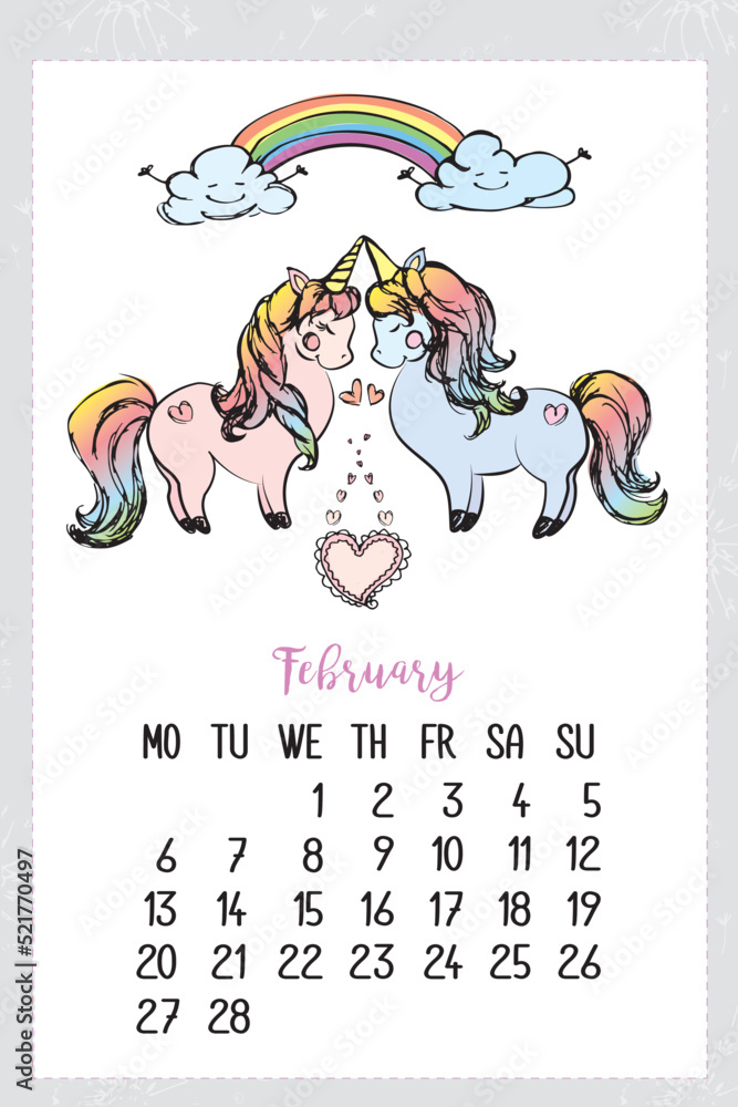 Calendar february 2023 with cute unicorns in love. Monthly calendar in ...