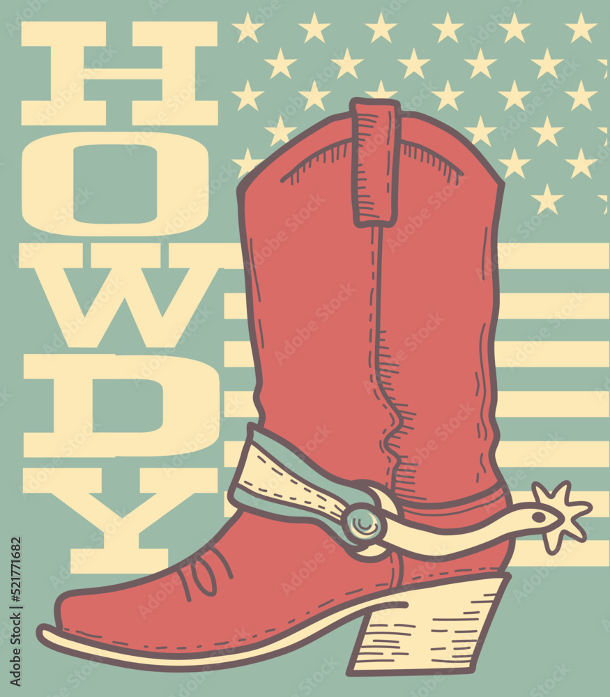 Cowboy vintage poster background with cowboy boot. Vector Howdy text ...