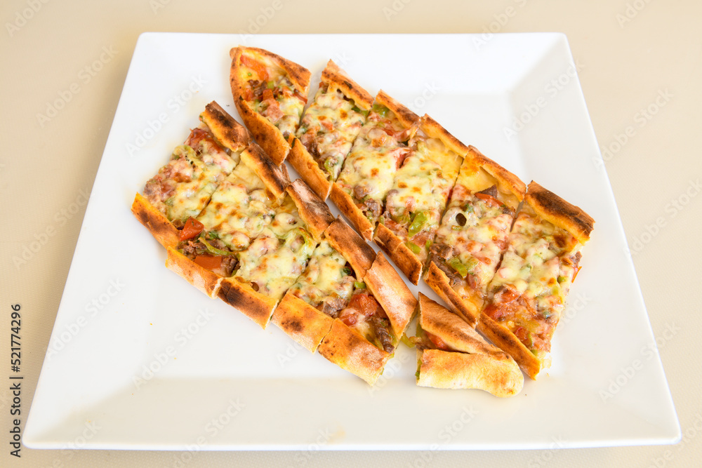 Kiymali pide. Turkish pide with minced meat. Turkish pizza mince pita ...