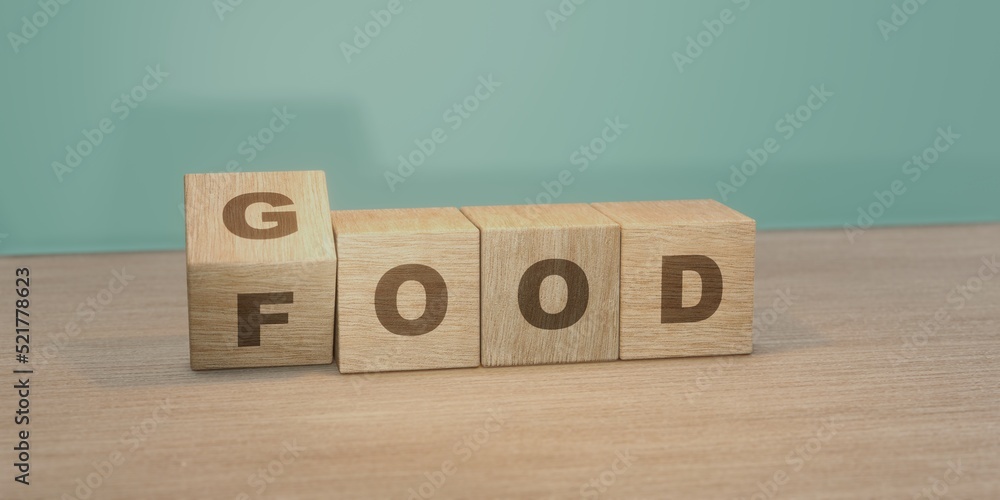 Good food wooden block cubes flip. 3D render concept illustration with ...