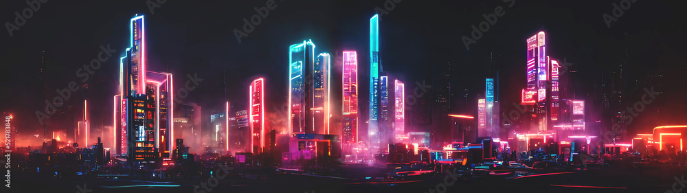 Neon night city of the future. Night panorama of the city, neon light ...