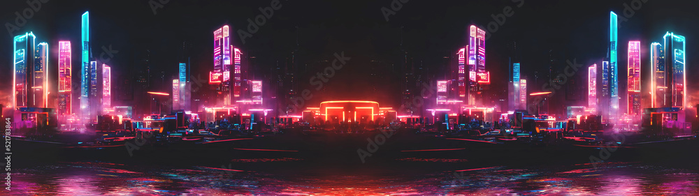Neon night city of the future. Night panorama of the city, neon light ...