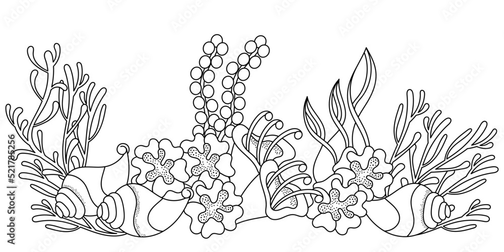 Underwater coloring page. Vector border . Doodle of the sea world ...