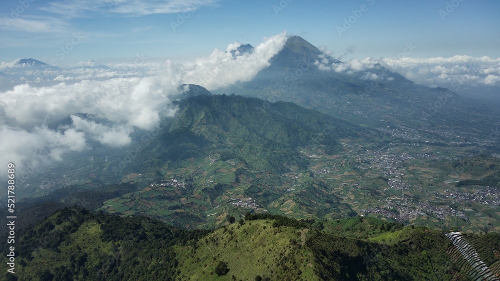 Epic view of Mount Prau, aerial view of the sunny morning from the top ...