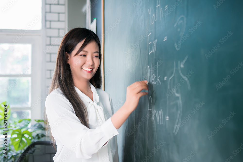Portrait attractive of smiling Asian Teacher woman present or teaching ...