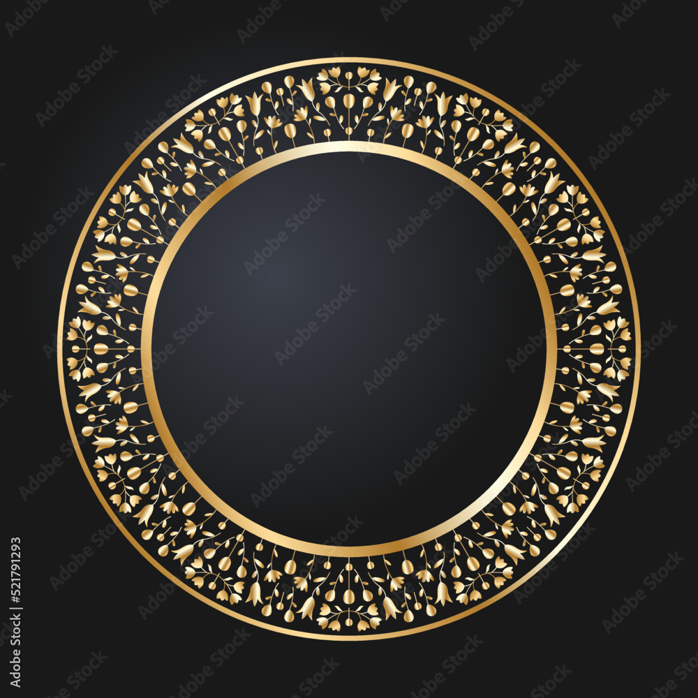 Floral gold border. Round golden frame with wild flowers and tulips ...