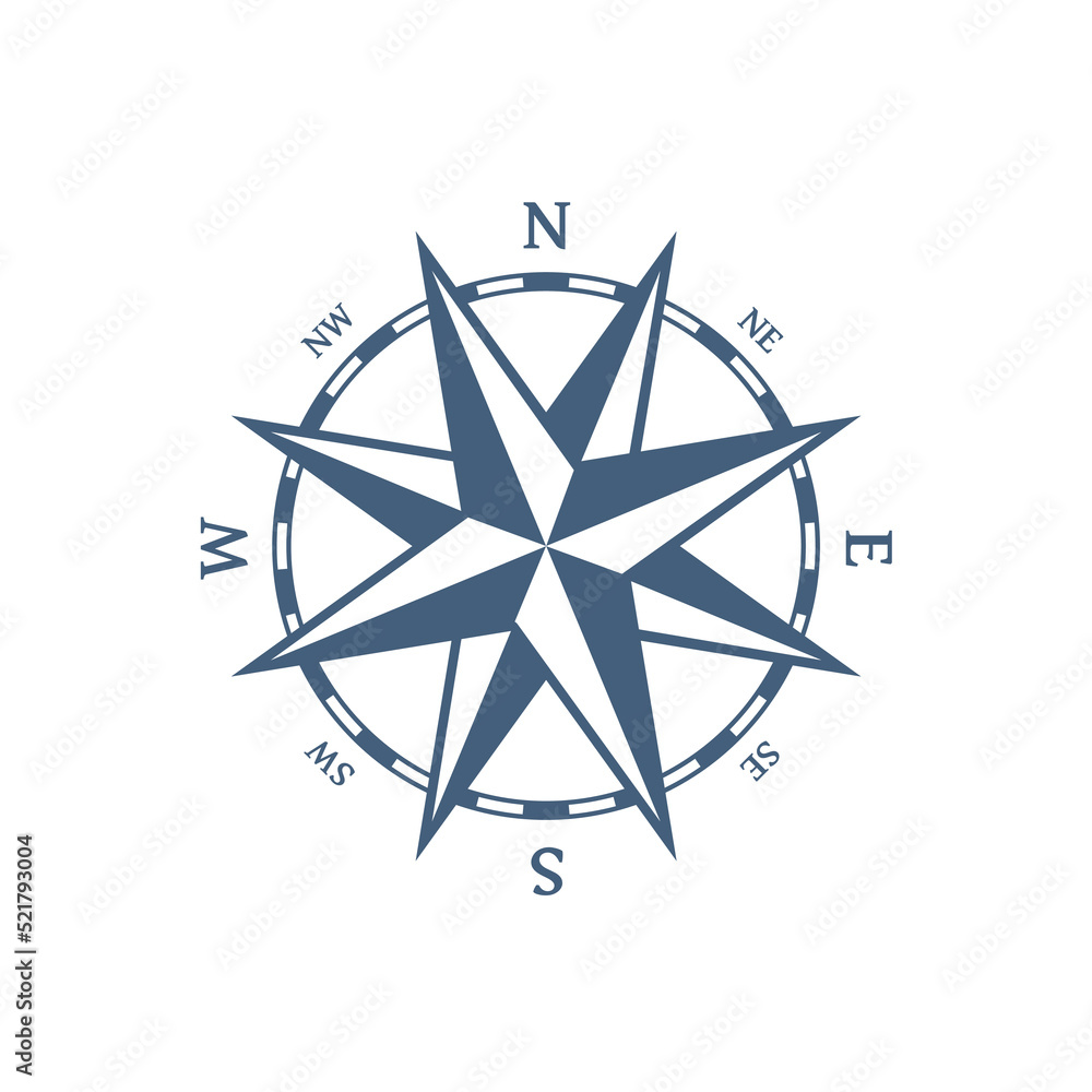 Wind rose vector illustration. Nautical compass icon isolated on white ...
