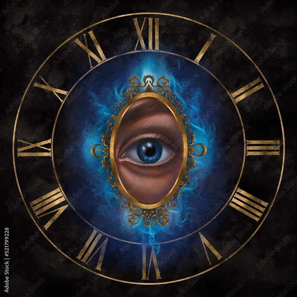 Roman clock face dial with a magical blue eye in the mirror. Digital ...