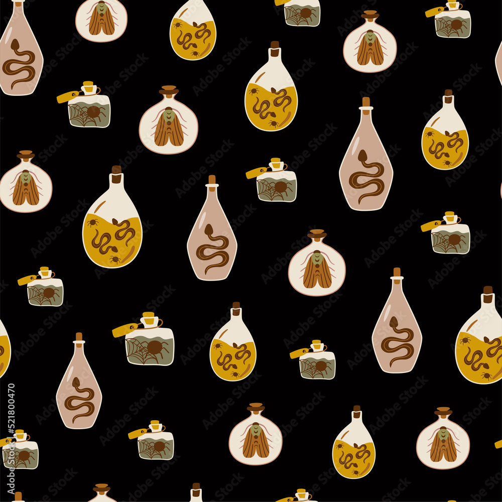Witchcraft pattern with witch bottle poison with bugs, snake, serenet ...