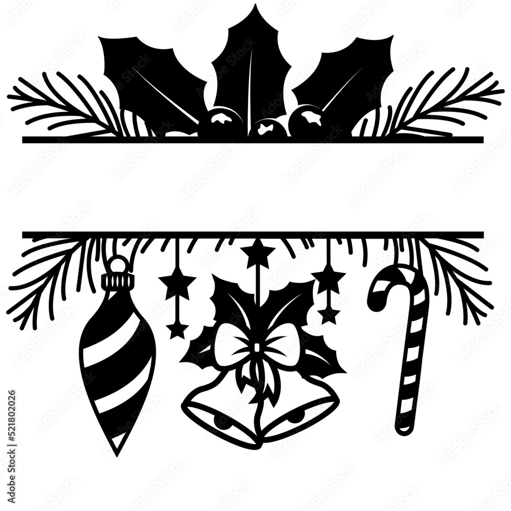 Christmas split monogram frame with bell, candy cane, pine branch ...