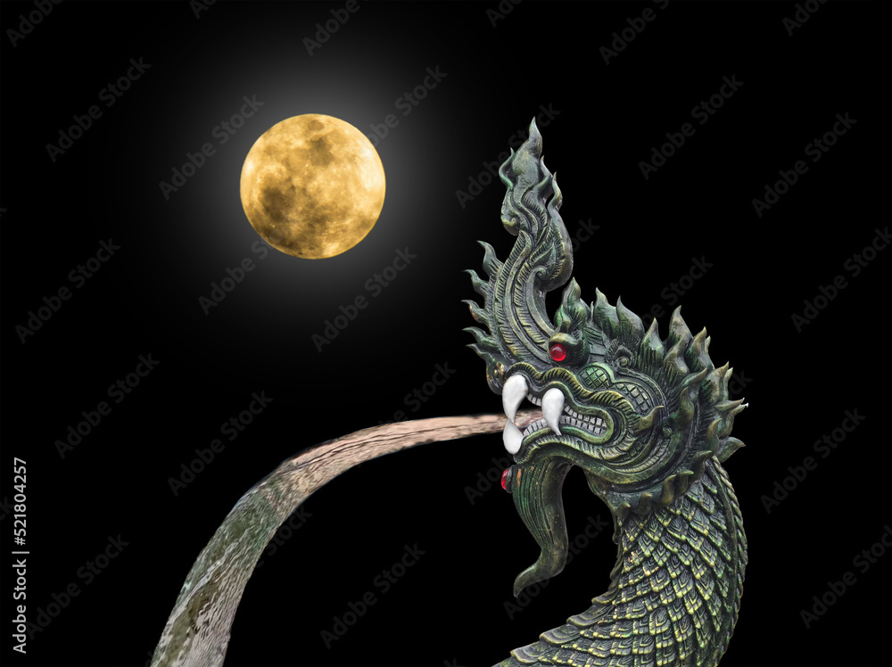 Head the King of Snake Serpent Statue spraying water with fullmoon on ...