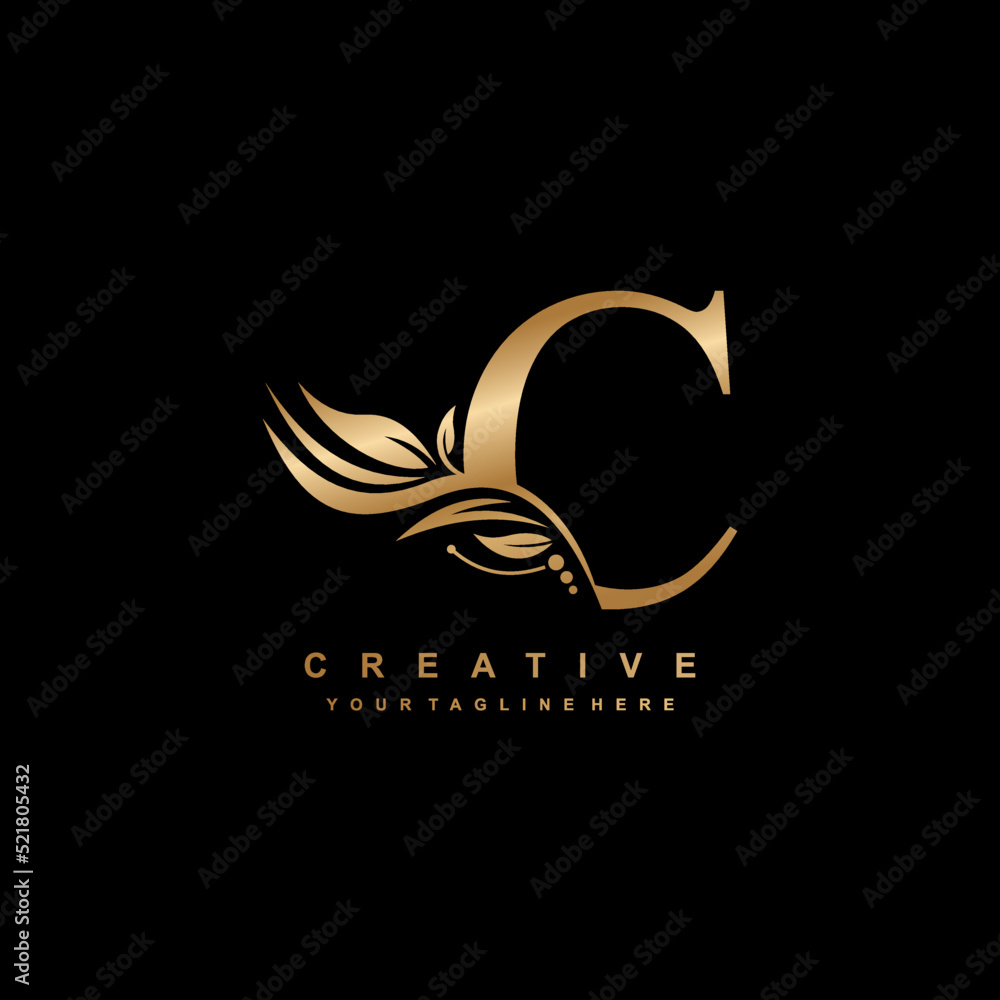 gold letter C logo design with luxurious and beautiful leaf ornament. C Monogram. C typography ...