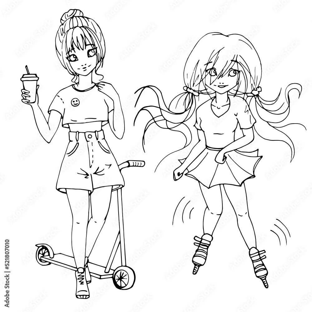 vector coloring page with cute cartoon anime girl Stock Vector | Adobe ...