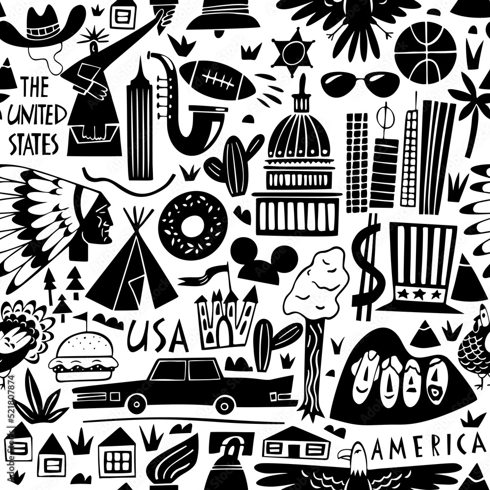 Vector hand drawn seamless pattern of The United States of America with ...