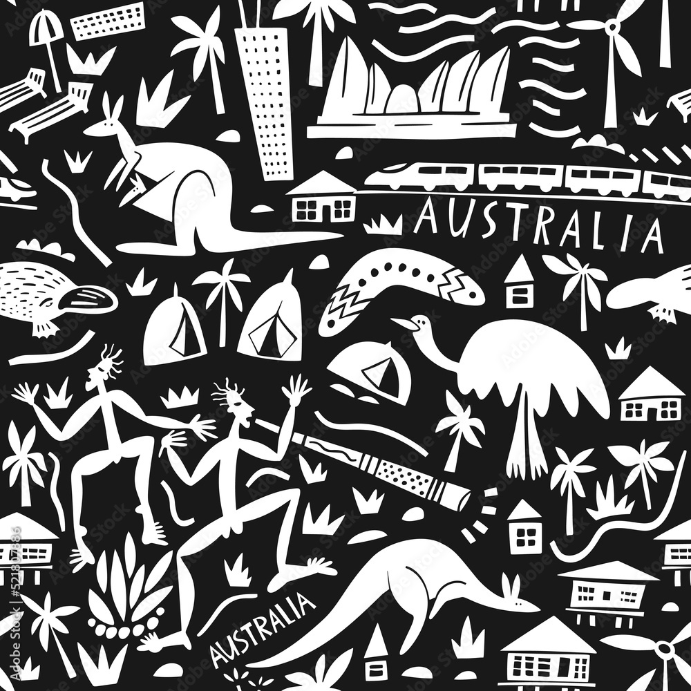 Vector hand drawn Australia seamless pattern. Travel illustration with ...