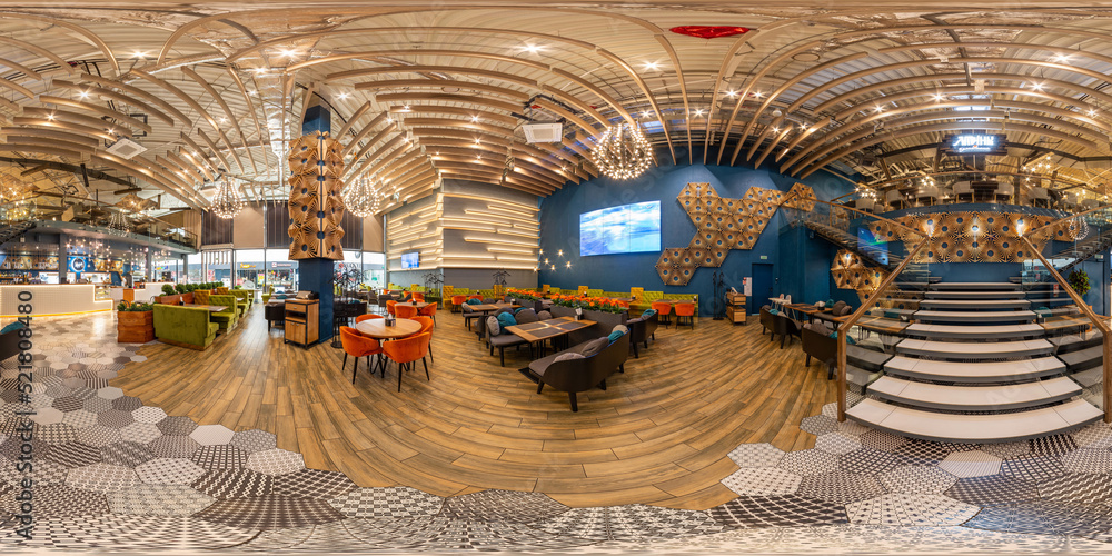 Full seamless panorama 360 degrees A modern and stylish cafe with multi ...