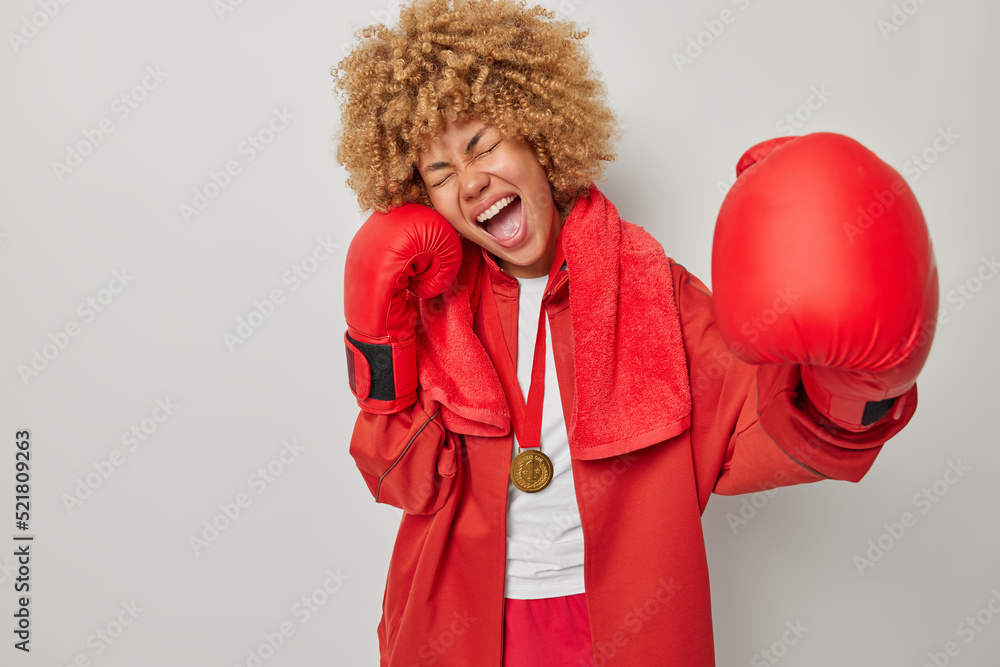 Overjoyed woman boxer happy to win golden medal first place on ...