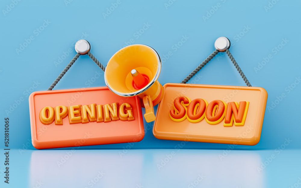 opening soon hanging signboard with megaphone 3d render concept for big ...
