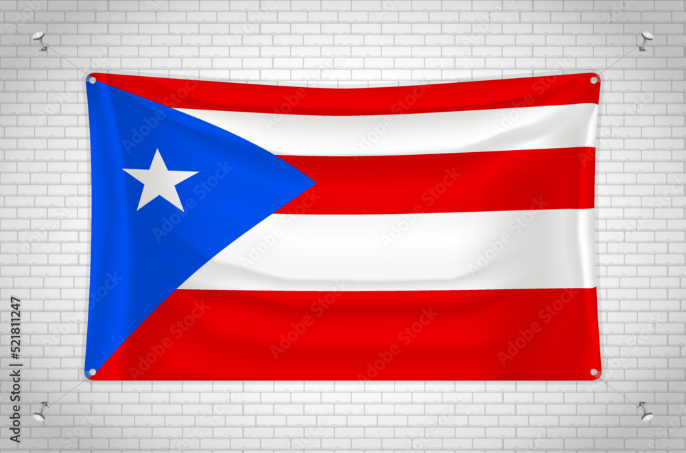 Puerto Rico flag hanging on brick wall. 3D drawing. Flag attached to ...
