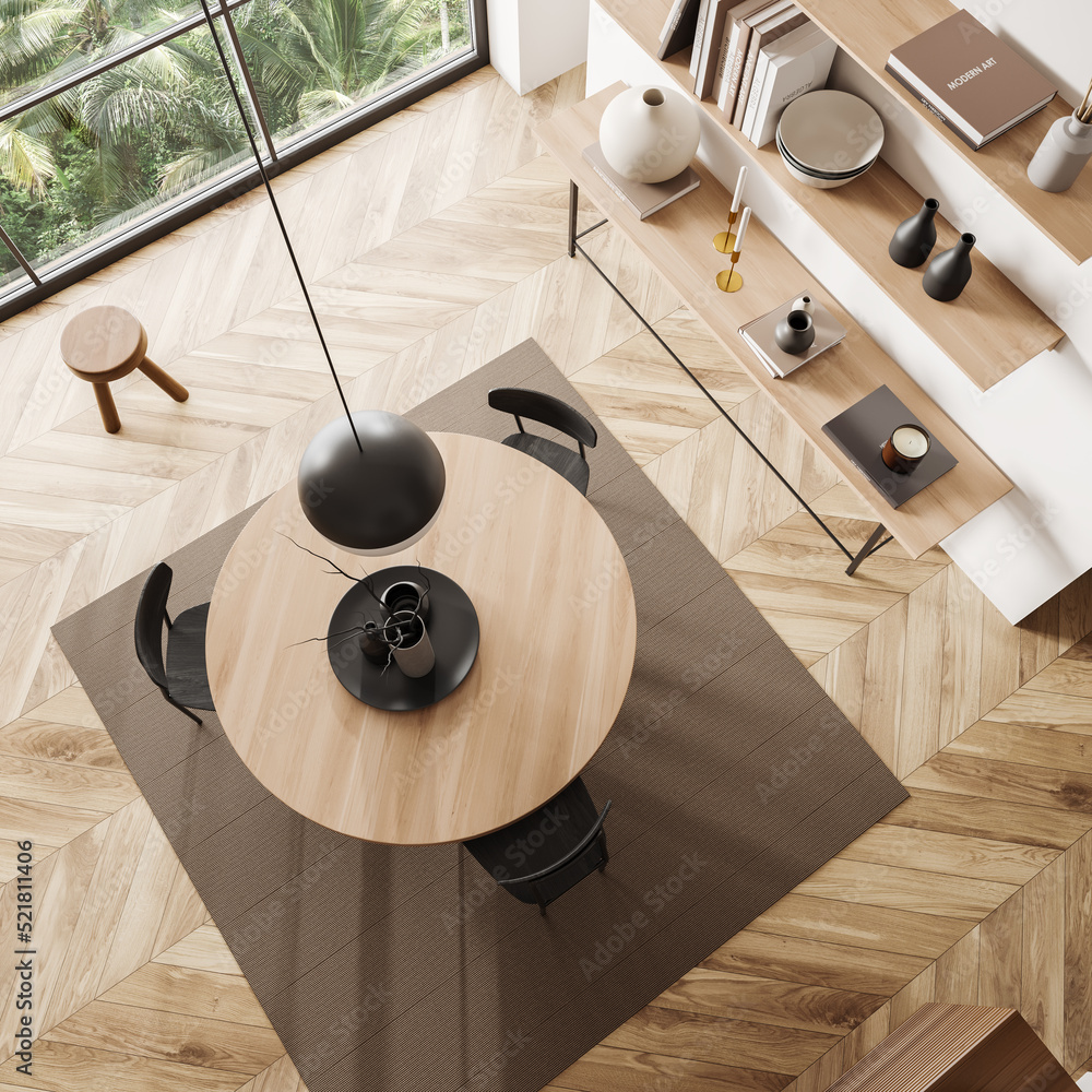 Top view of cosy dining room interior with chairs and table, panoramic ...