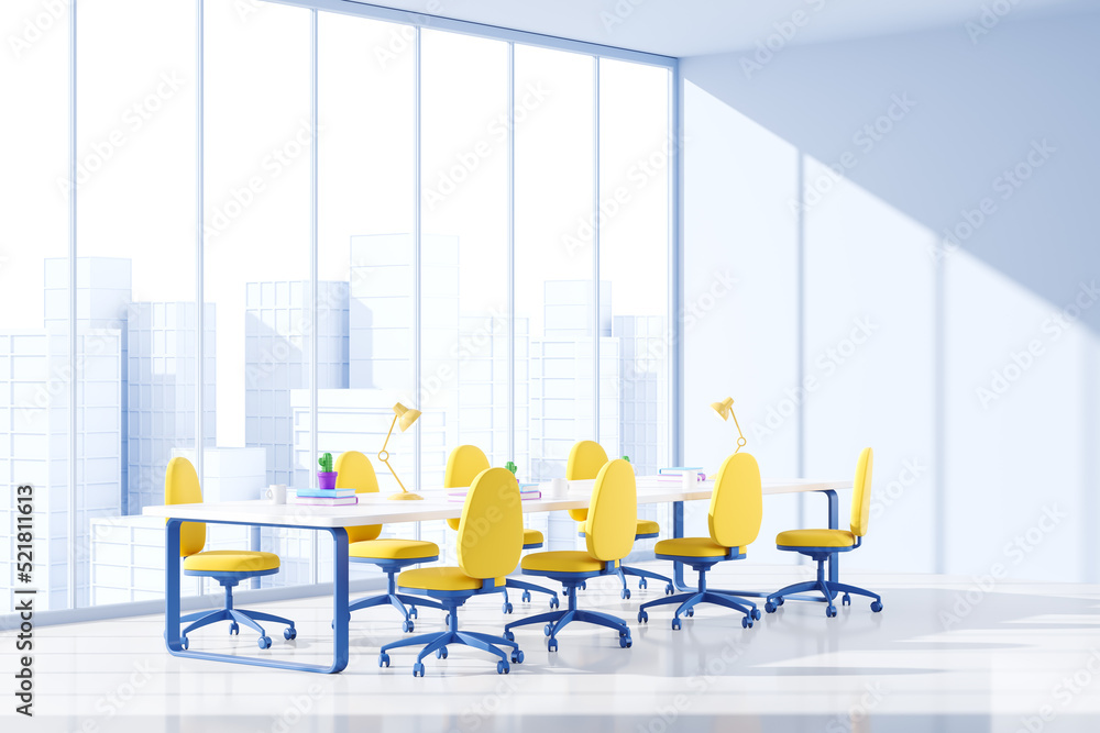 Cartoon office room interior with chairs and desk, panoramic window ...