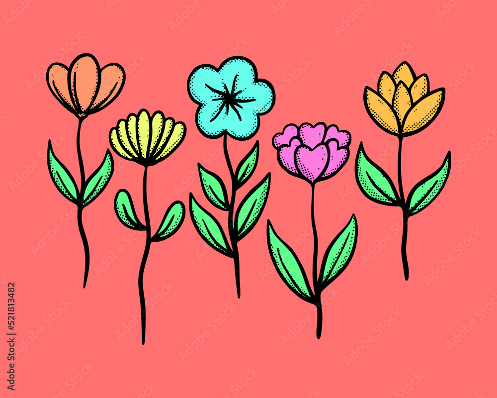 set of flowers full color cartoon illustration free vector Stock Vector ...