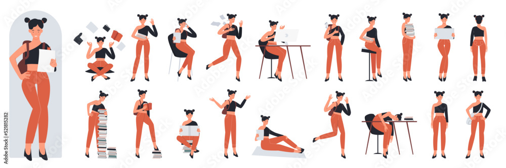 Girl student poses set vector illustration. Cartoon actions and ...