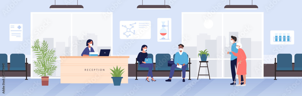 Hospital lobby with receptionist at reception counter and patients in ...