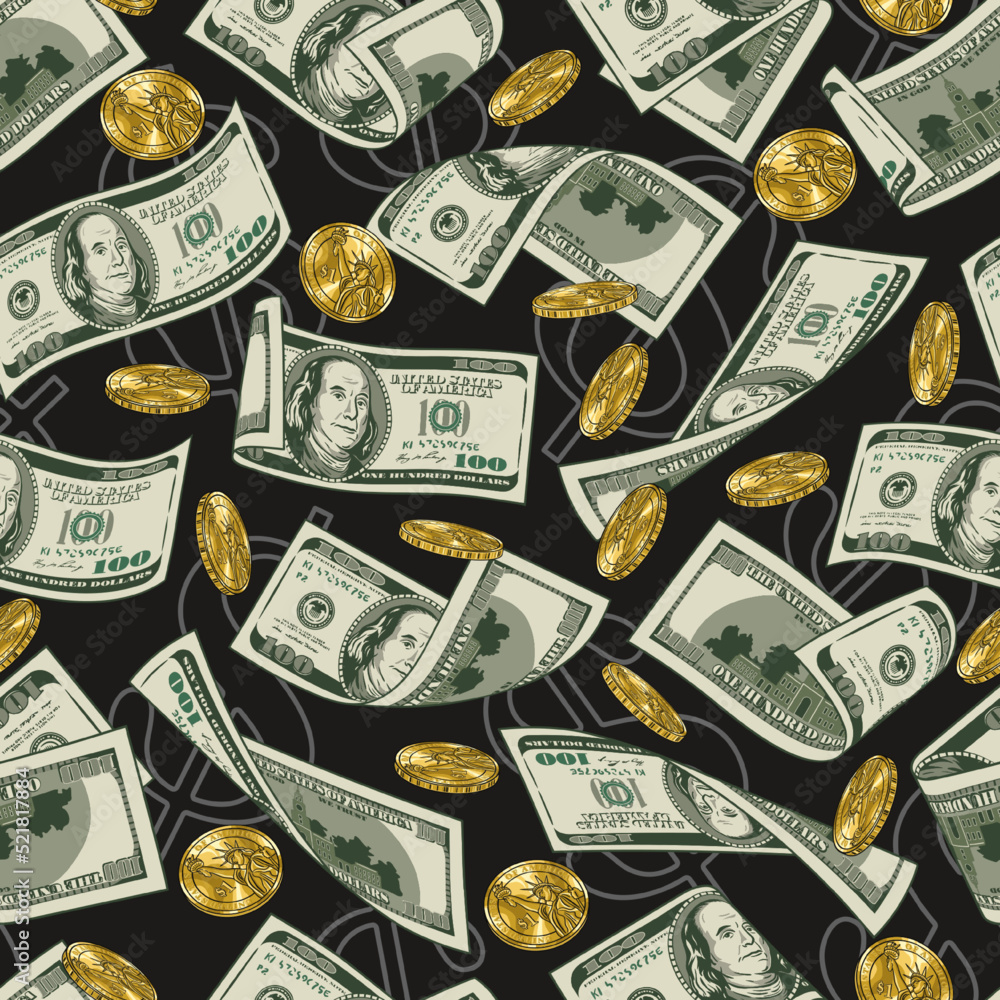 Money seamless pattern with one hundred US dollar bills, gold coins on ...