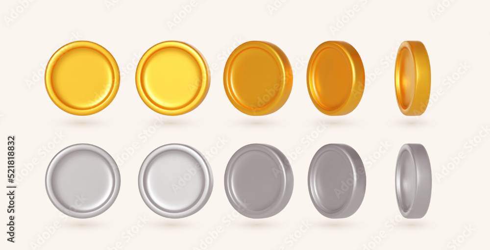 Set of realistic vector concept of golden and silver coins. Spinning ...