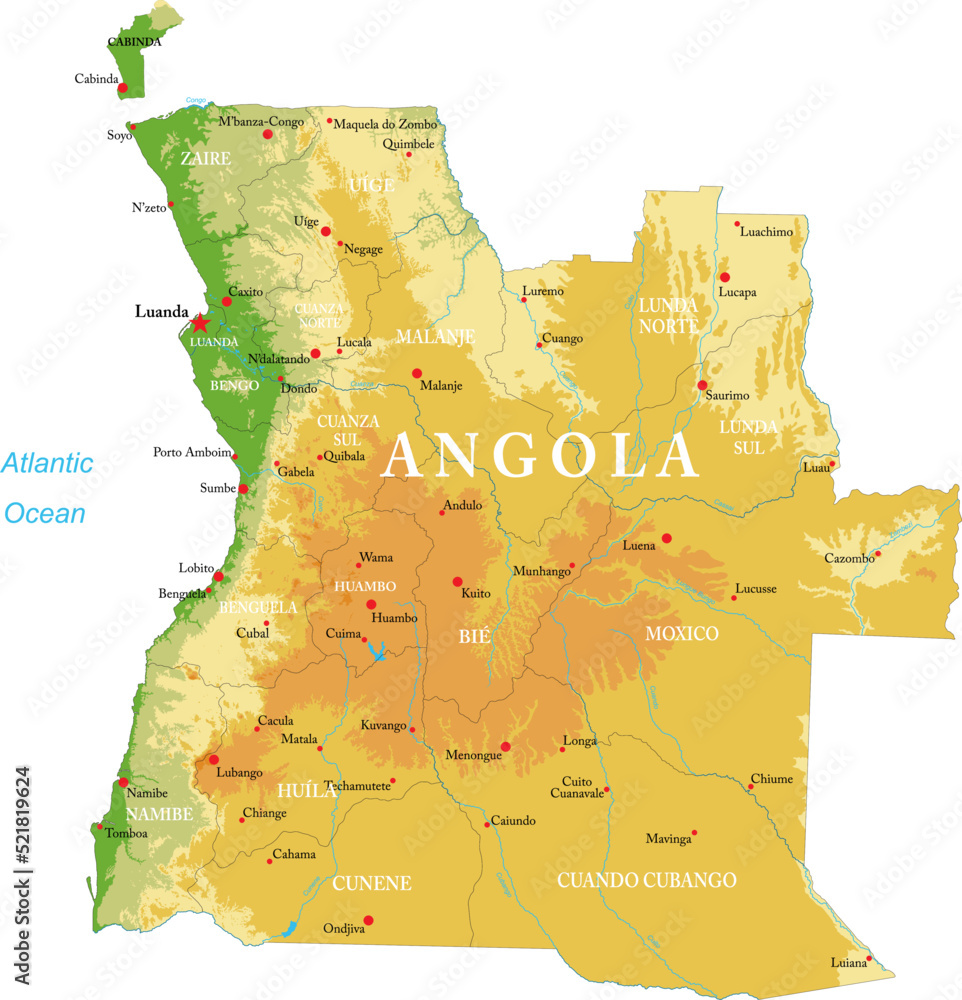 Poster Angola highly detailed physical map – Wall Art | UkPosters
