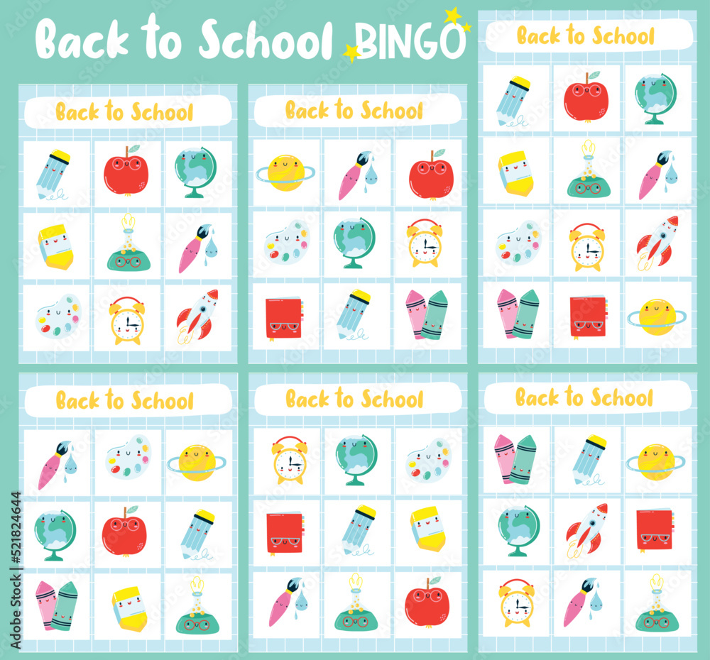 Back to school bingo kids mini game with cute kawaii school characther ...