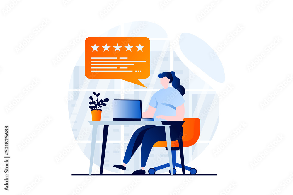 Feedback page concept with people scene in flat cartoon design. Woman ...