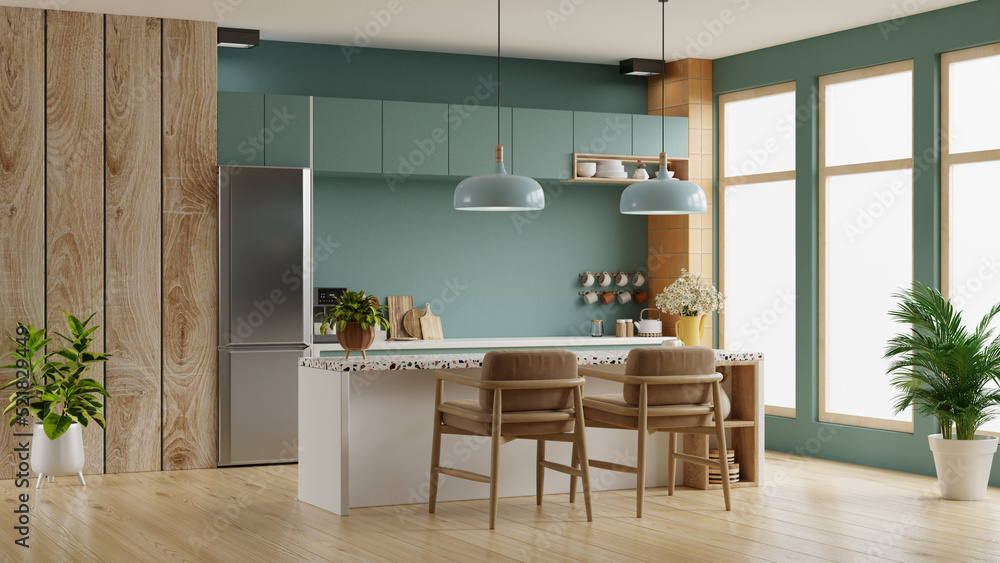 Luxury kitchen room corner design with dark green wall. Stock ...