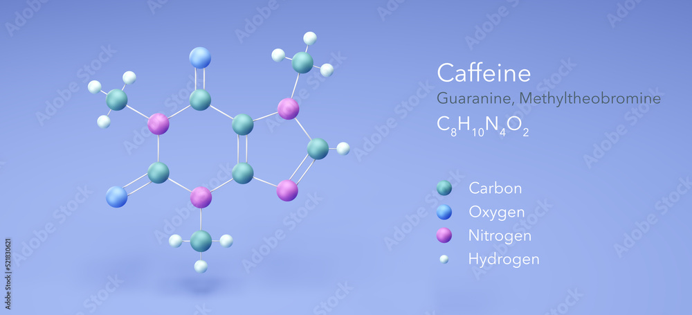 caffeine, Guaranine. molecular structures, 3d rendering, Structural ...