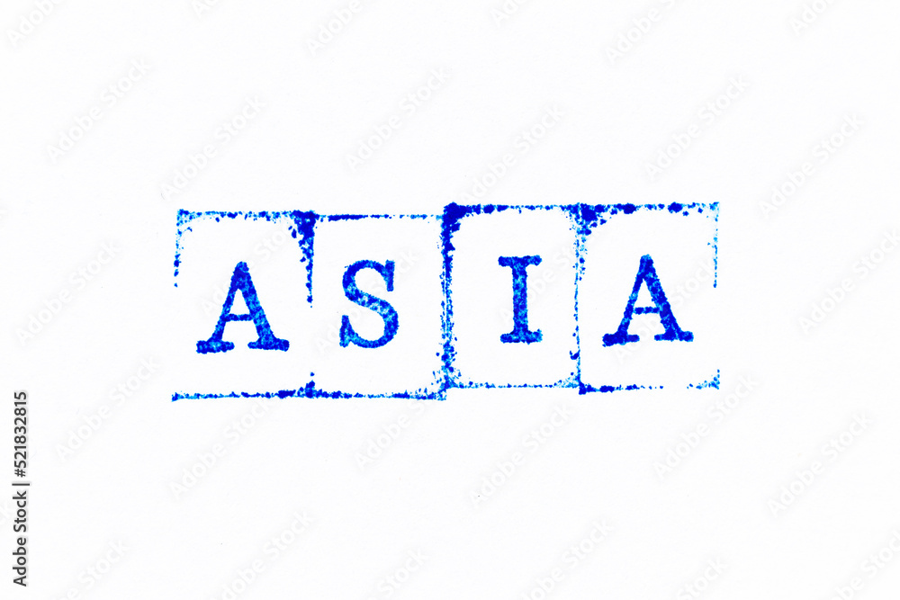 Blue color ink rubber stamp in word asia on white paper background ...