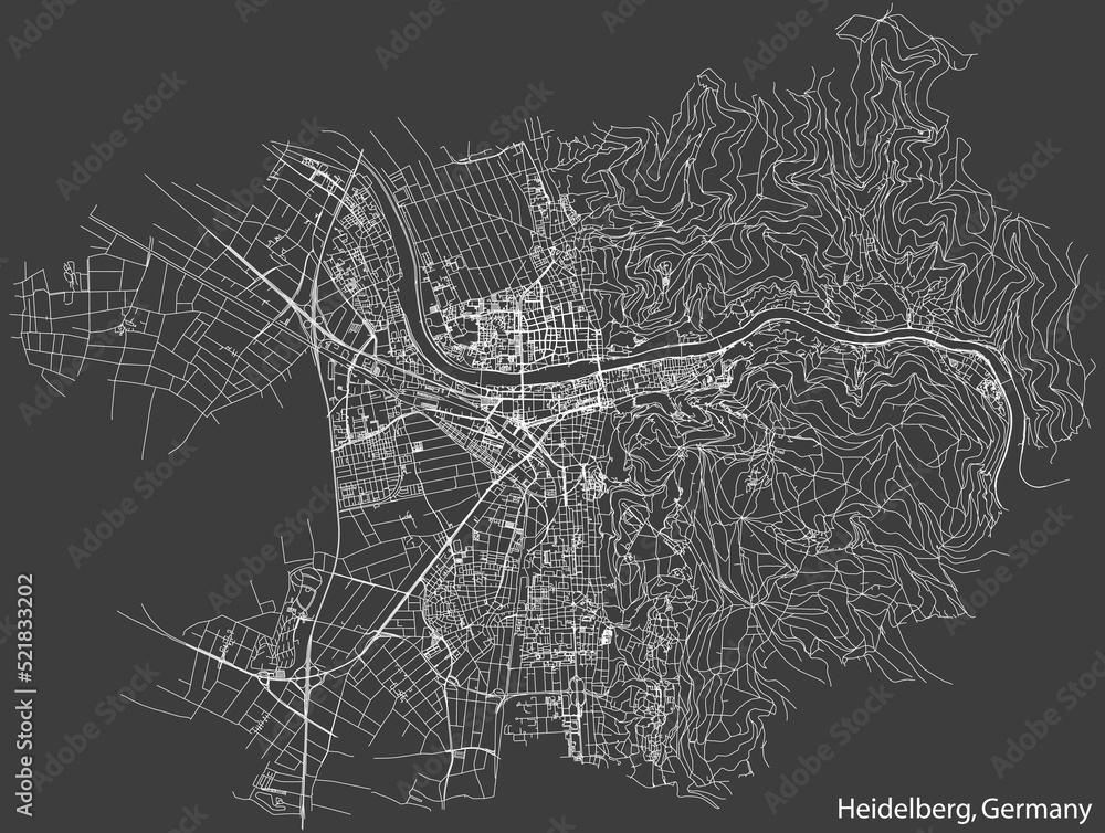 Detailed negative navigation white lines urban street roads map of the ...