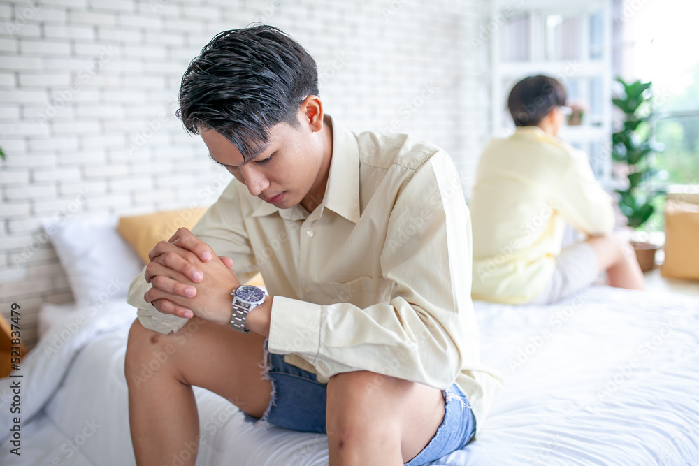 Asian gay couples are quarreling, angry or sad on bed in home, LGBTQ ...