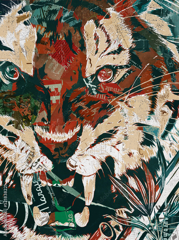 Digital art the face of a tiger with paper collage texture application ...