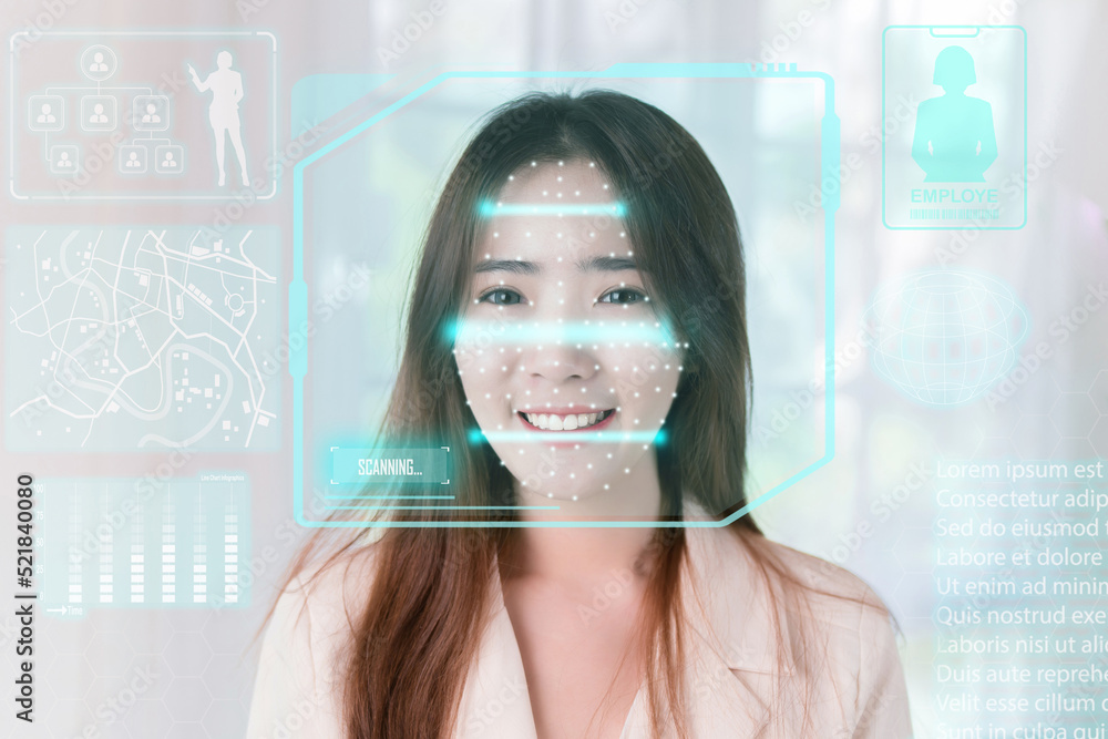 Facial recognition technology of asian business woman smile. Face ...