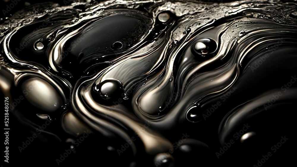 Black oil texture. Black paint 4k background, abstract black liquid with bubbles. Viscous black ...