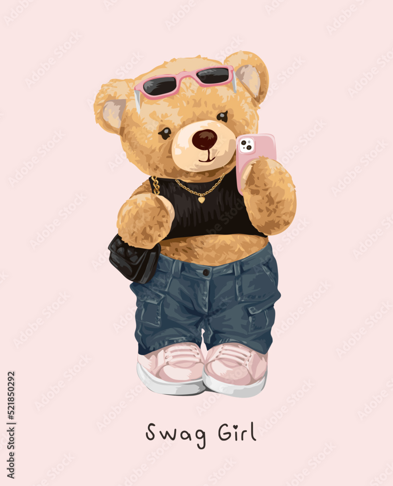 swag girl slogan with cute girly bear doll taking selfie vector ...
