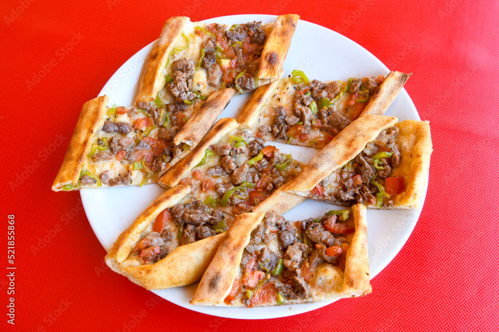 Turkish pita with minced cubed meat and cheese (Turkish name: Kiyma ...