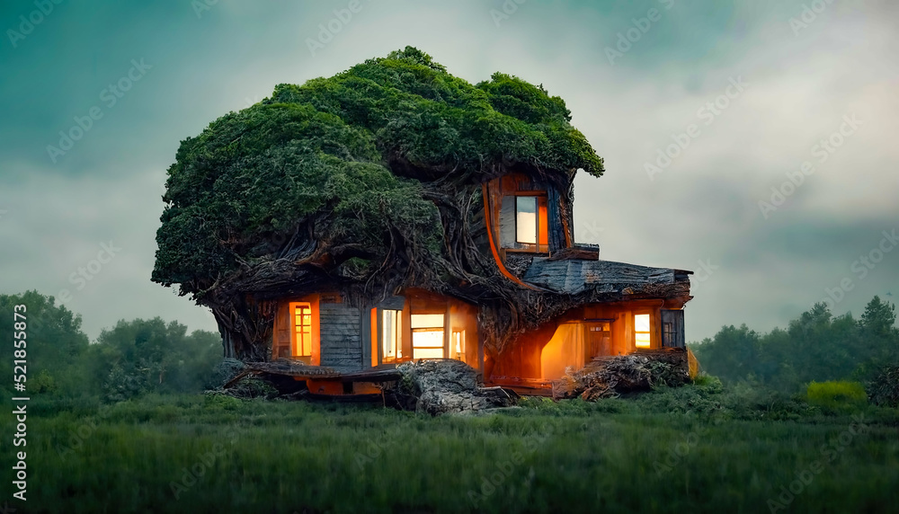 Fantasy tree house. Fairytale fantasy landscape, tree house. 3D ...