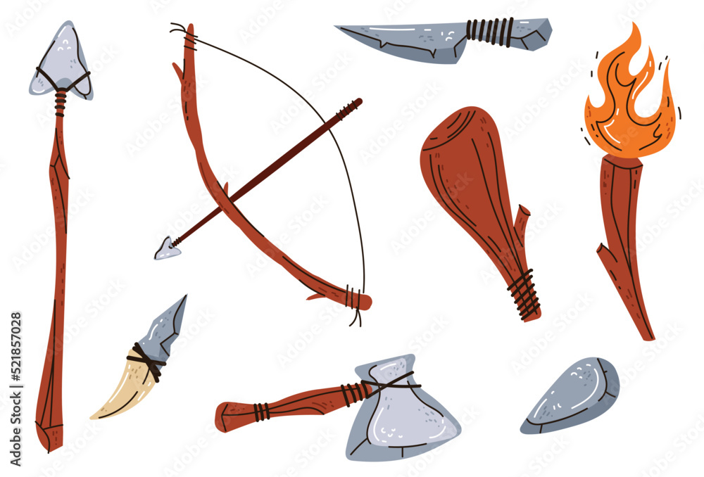 Ancient primitive caveman old age archeology weapon tools isolated set ...