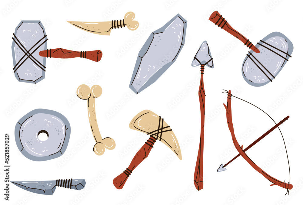 Ancient primitive caveman old age archeology weapon tools isolated set ...