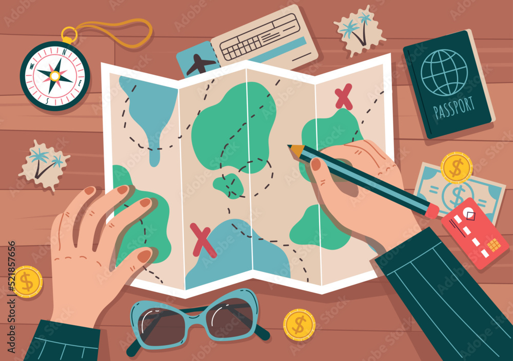 Travel trip map lay on wooden desk. Tourism vacation infographic top ...