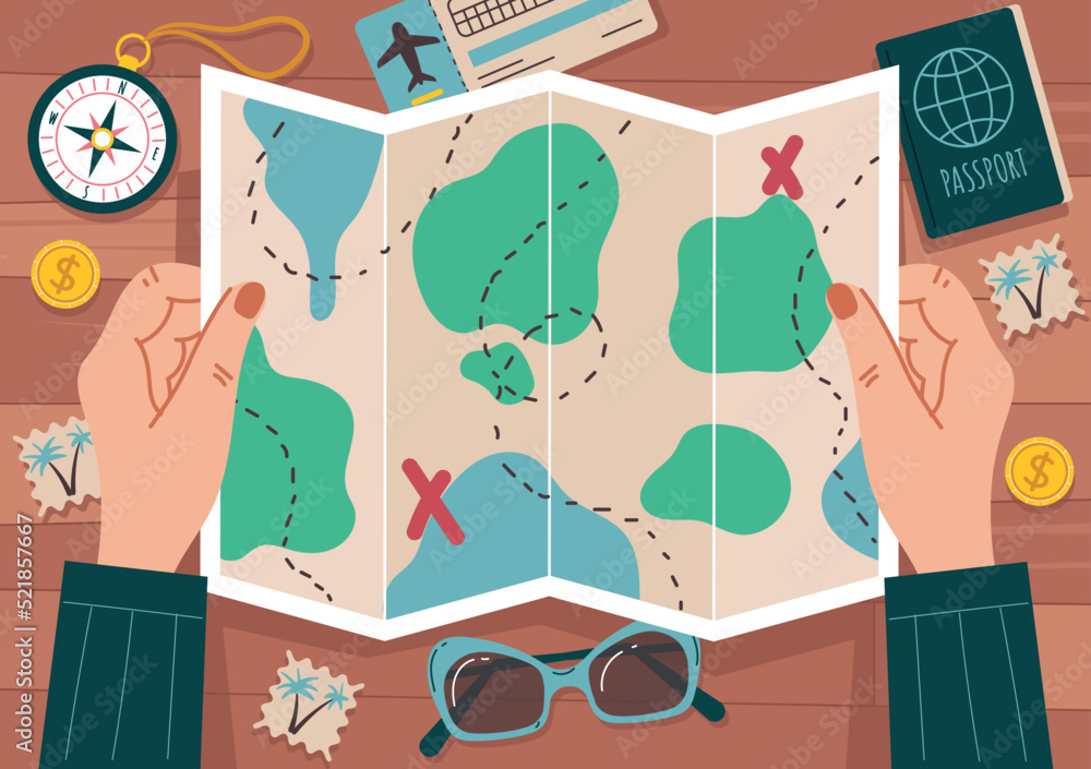 Travel trip map lay on wooden desk. Tourism vacation infographic top ...