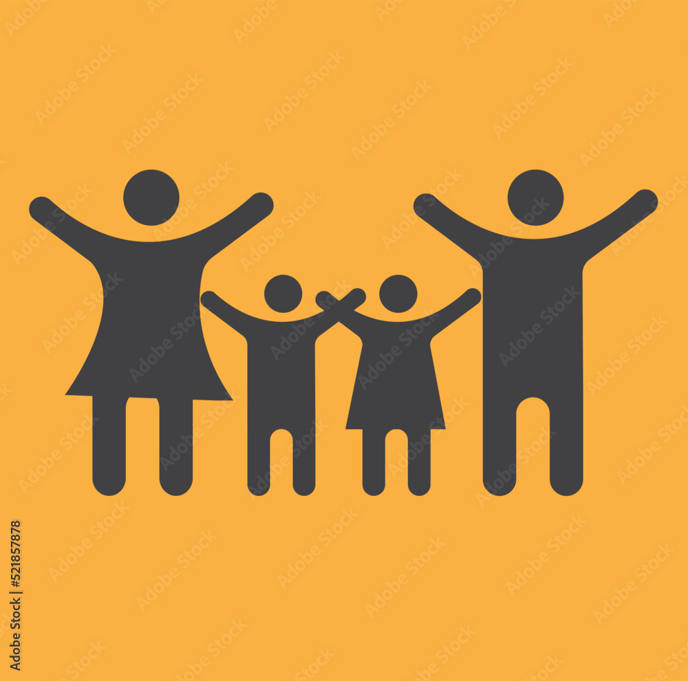Happy family icon in simple figures, dad, mom and brother,sister stand ...