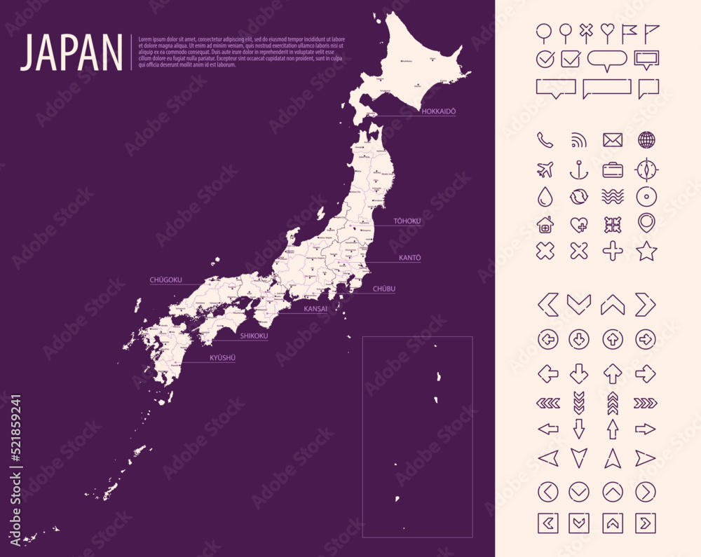 Detailed map of Japan with administrative divisions on dark background ...